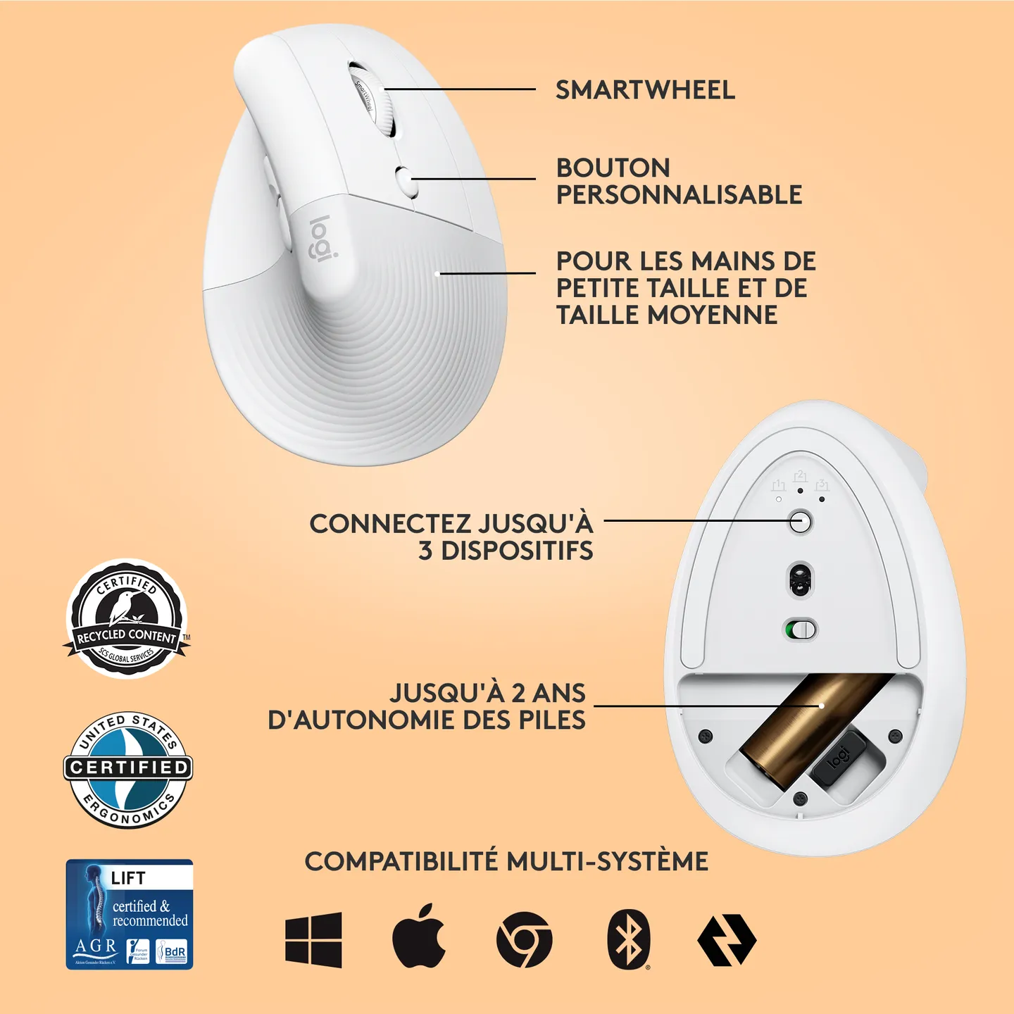 Logitech Wireless Mouse LIFT Ergo - Off-white | HIFI international
