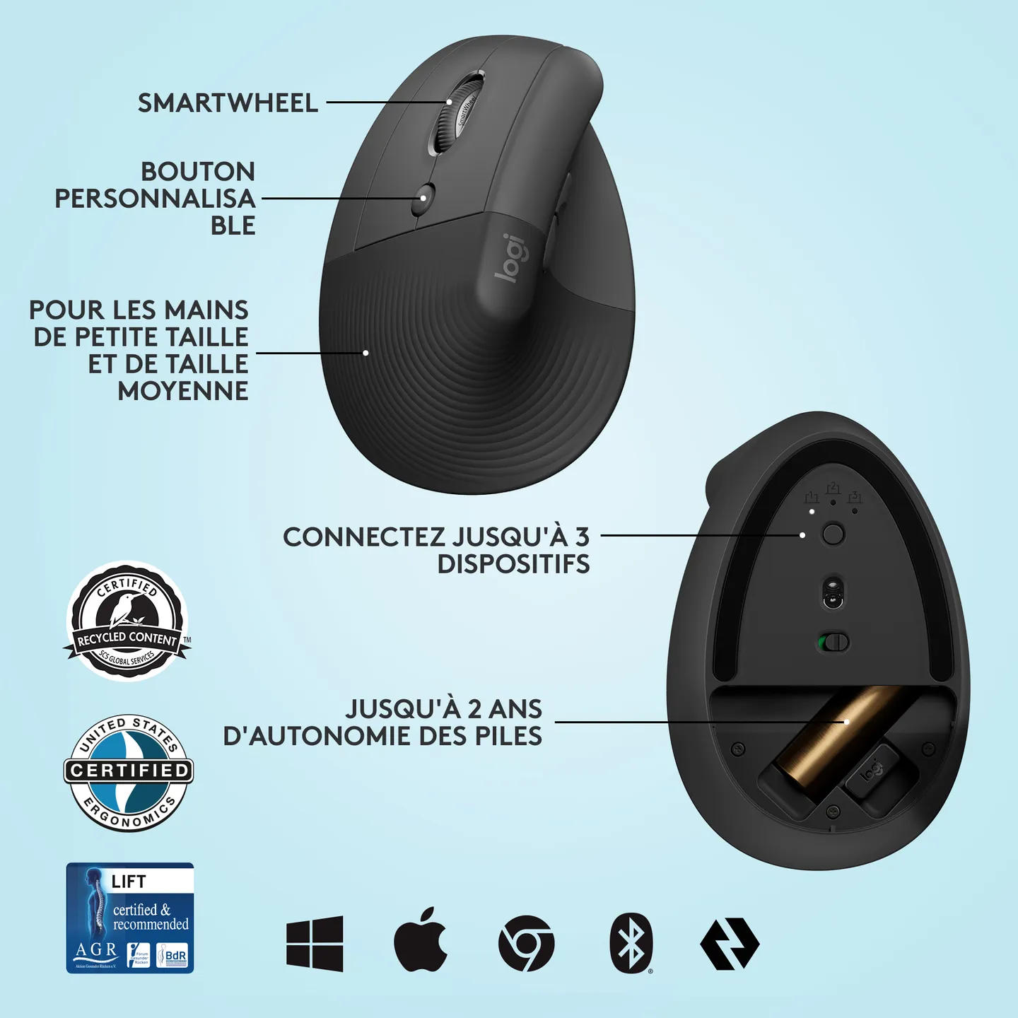 Logitech Souris sans Fil LIFT Ergo Gaucher - Graphite | HIFI international